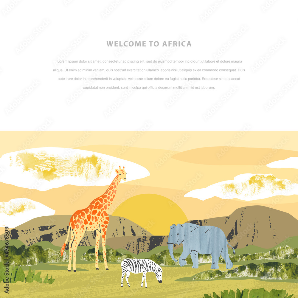 African landscape. Vector banner with animals, acacia tree, grass and ...