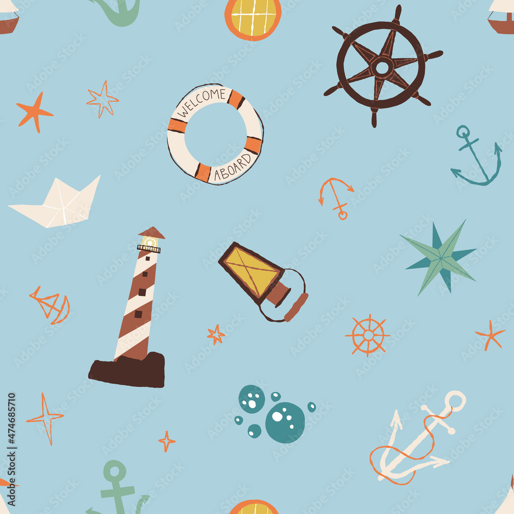 Nautical seamless pattern for fabric, wrapping paper. Lighthouses ...
