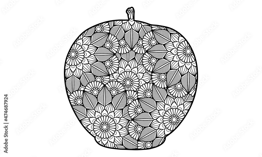 Apple with mandala. Coloring page for adult and older children. Hand ...