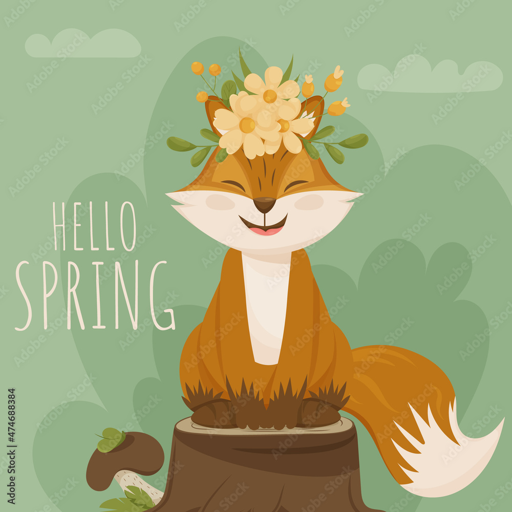 Hello spring! A funny fox sits on a tree stump with wreaths of flowers ...