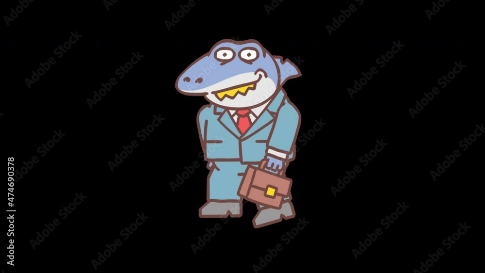 Boss shark holds suitcase smiles and walks. Frame by frame animation ...