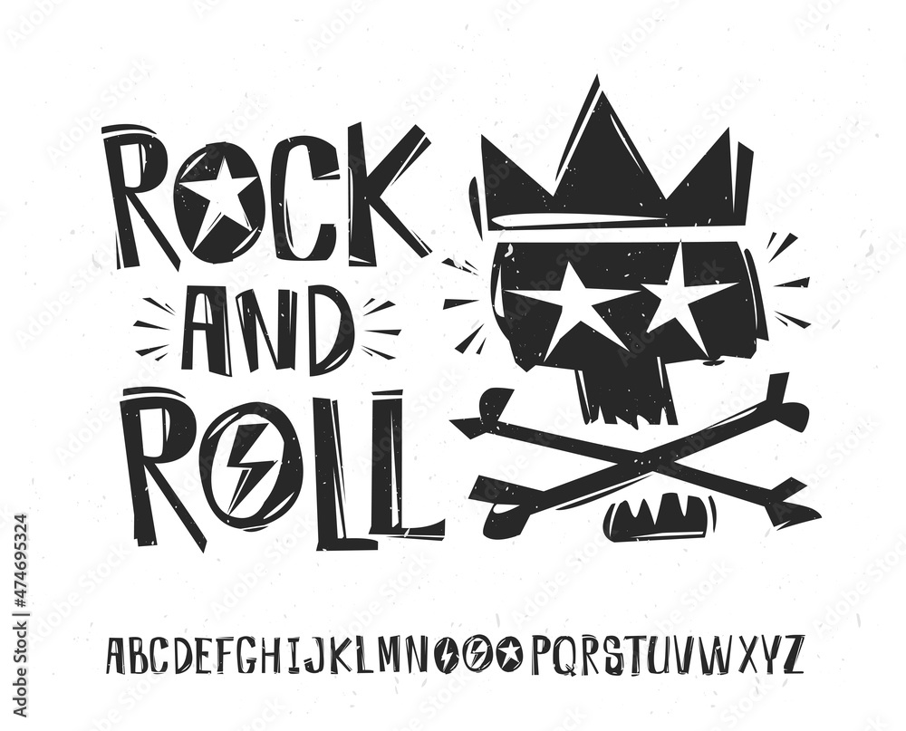 Rock'n'Roll music grunge Lettering with punk skull with crown isolated ...