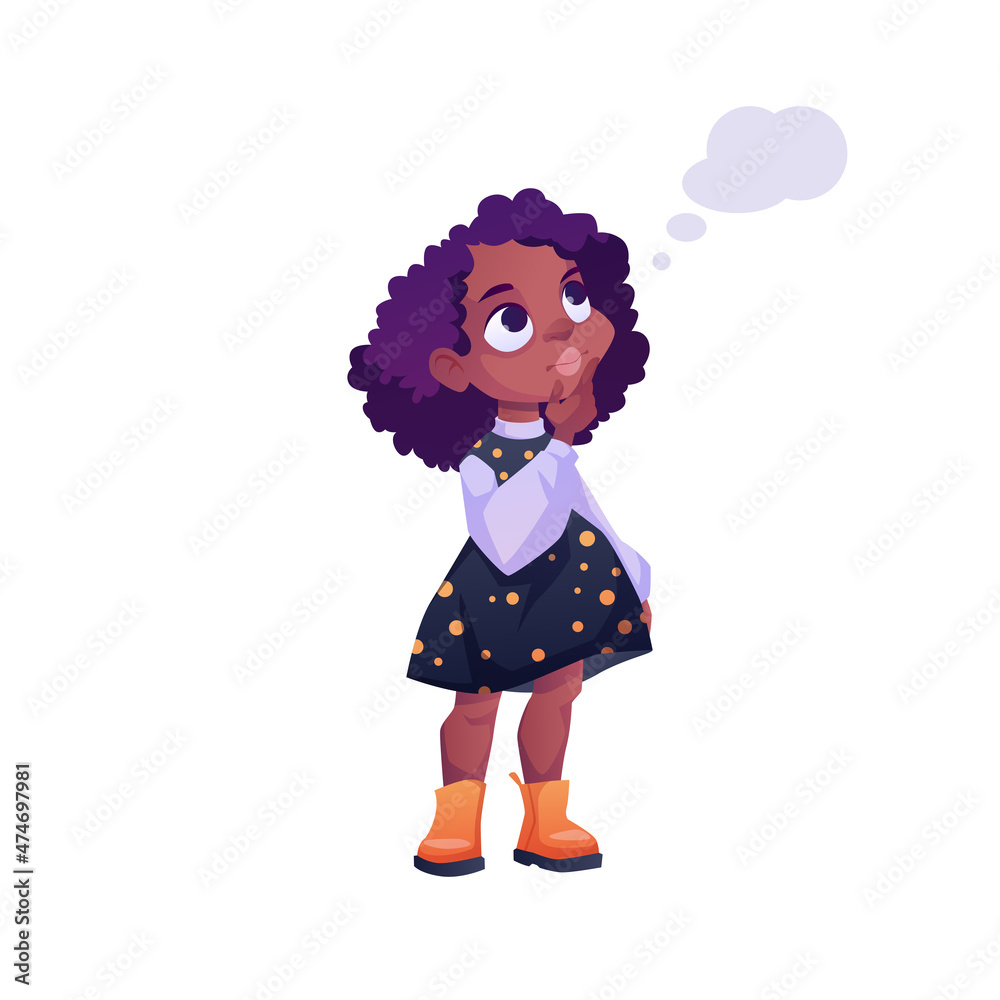Puzzled afro american school girl searching answers on questions ...