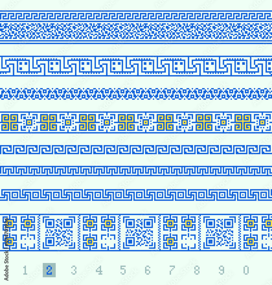 Set of greek patterns with qr code icons, pixel perfect squares, modern ...