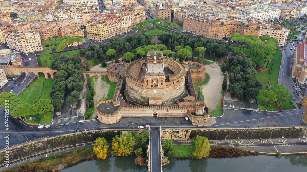 Aerial drone view of iconic Castel Sant'Angelo (castle of Holy Angel) and Ponte or bridge Sant ...