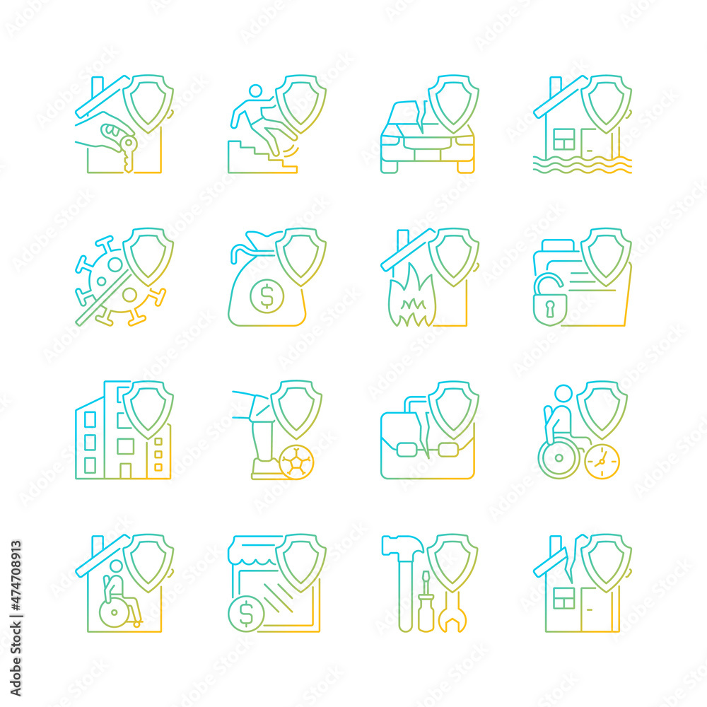 Insurance case types gradient linear vector icons set. Accidents ...
