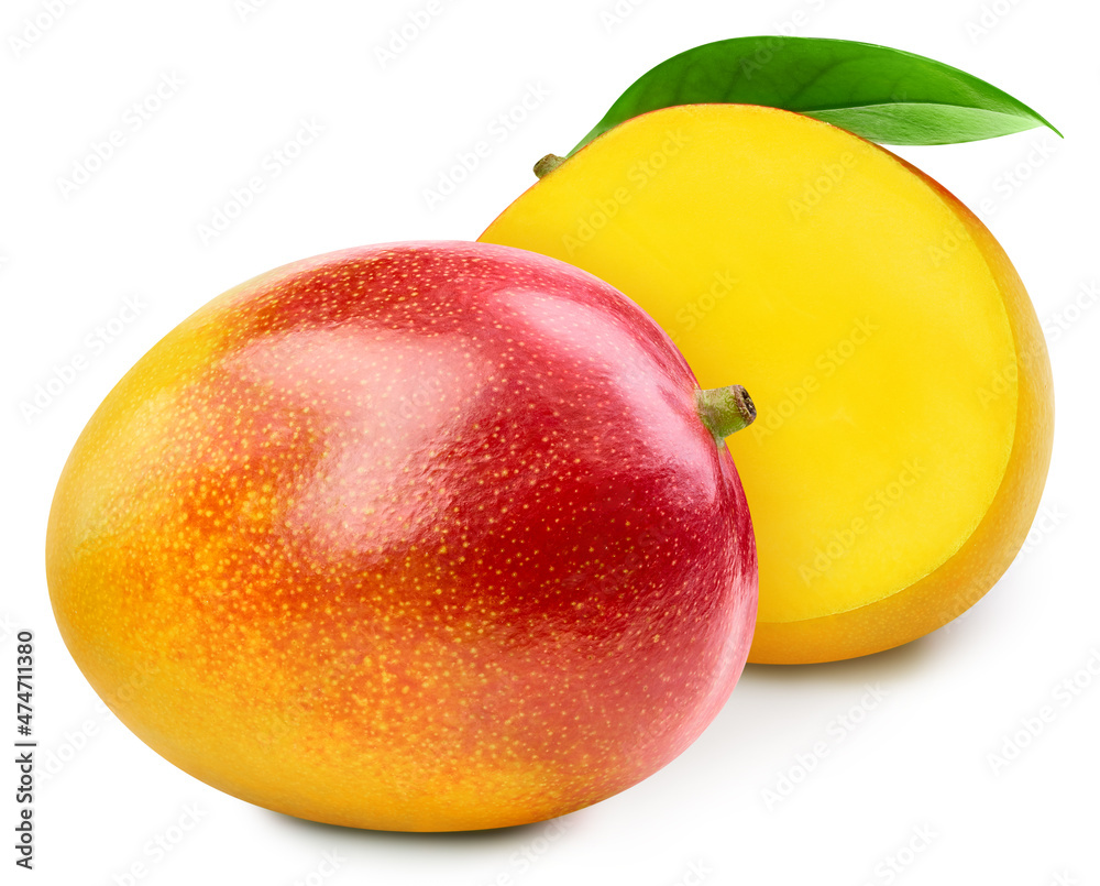 Fresh Mango whole and cut in half with leaf isolated on white ...
