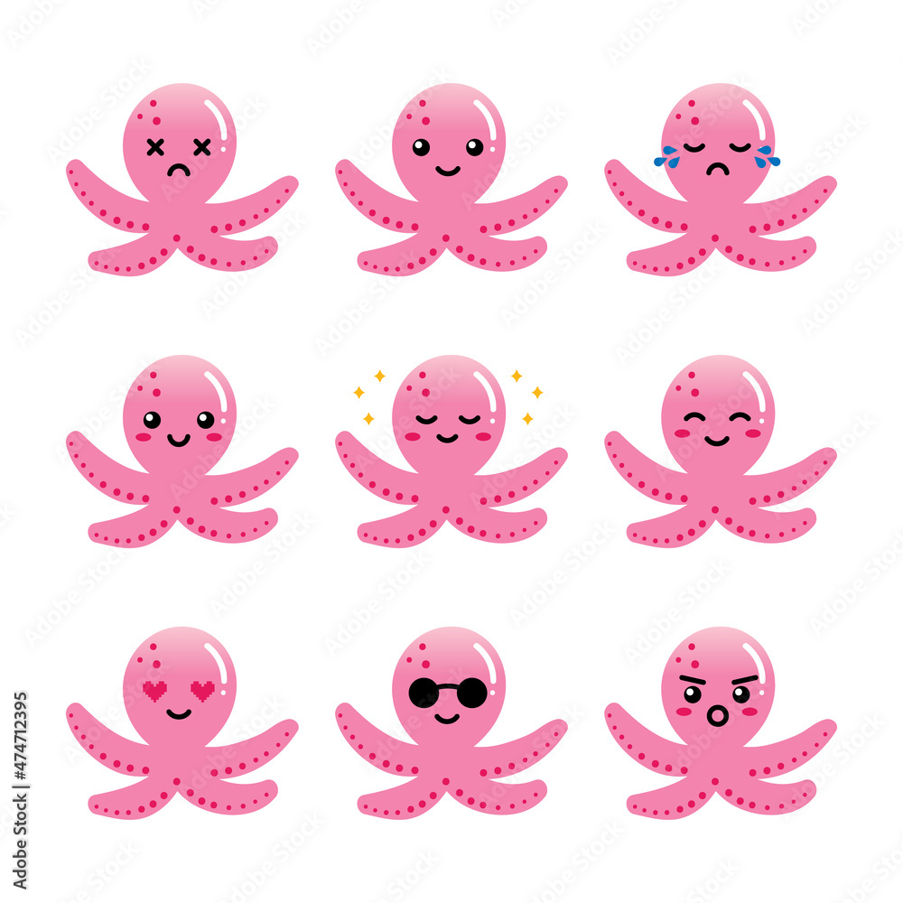 Set, collection, pack of octopus emoji, vector cartoon style icons of ...