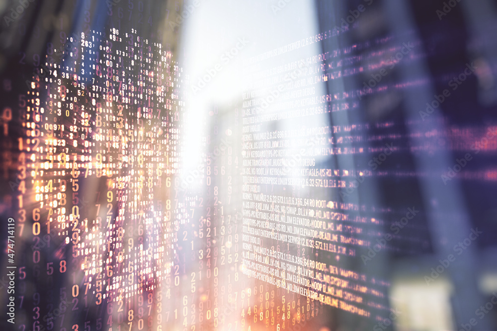 Abstract virtual code skull illustration on office buildings background ...