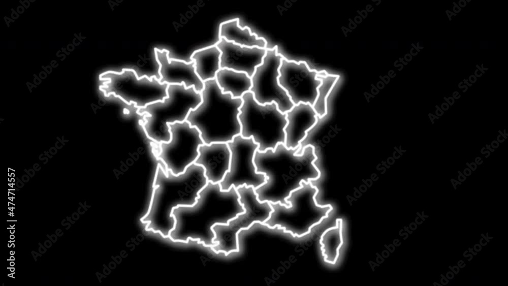Seamless loop animation of map of France territory. Black background ...