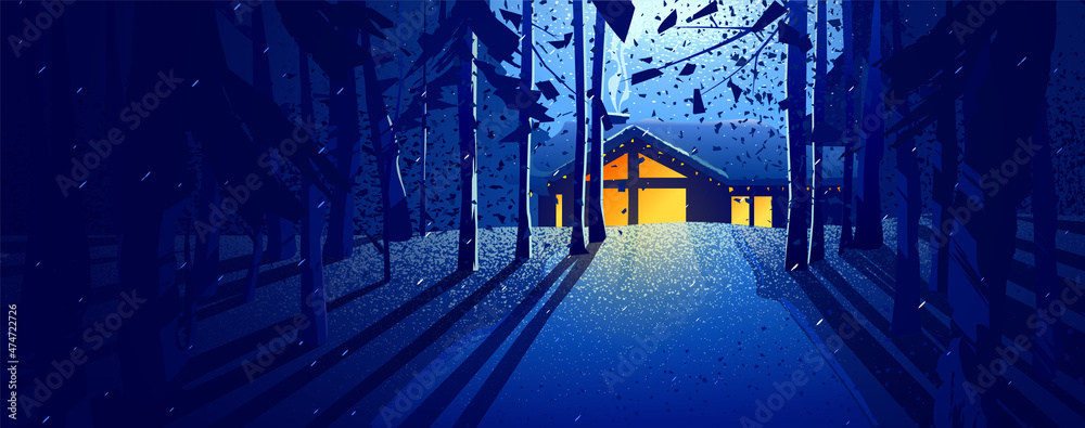 Country house, night, trees, background moonlight. Atmospheric winter ...