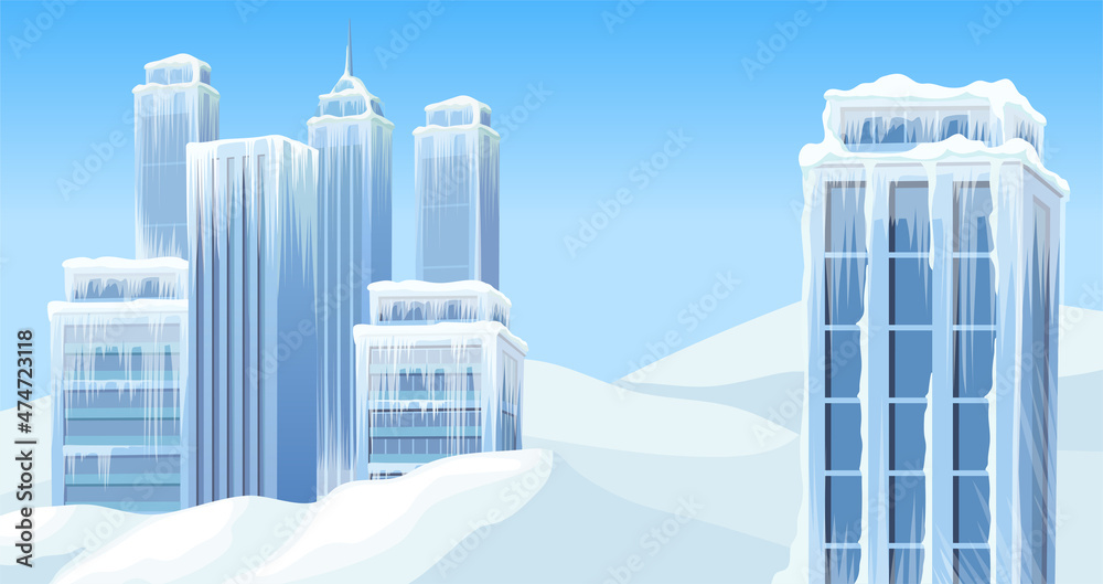 Snowfall in modern city. Ice age. Skyscrapers, mountains of snow and ...