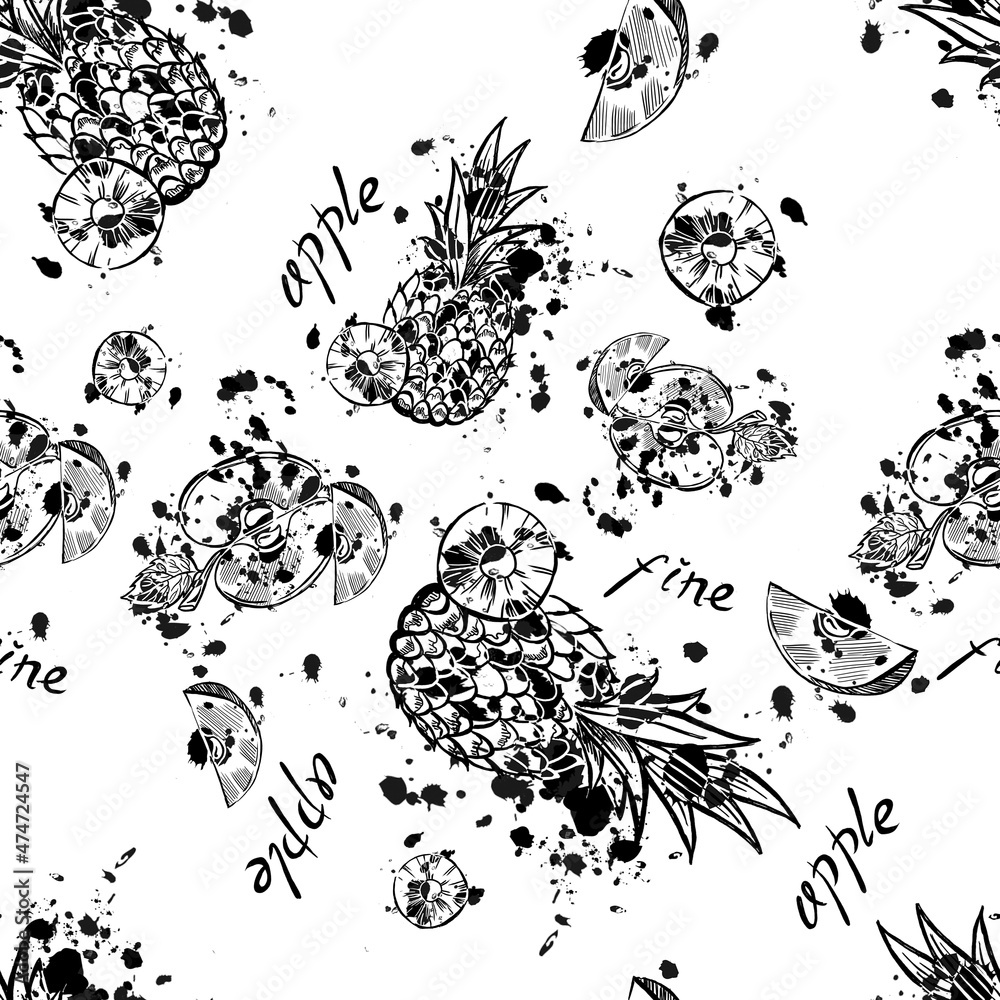 Seamless pattern with fresh fruits and berries. Healthy and beneficial ...