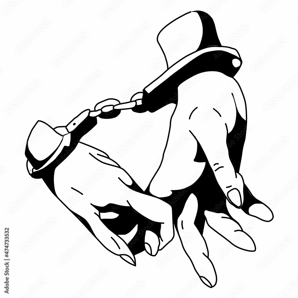 hands in handcuffs touching.black line drawing on a white background ...