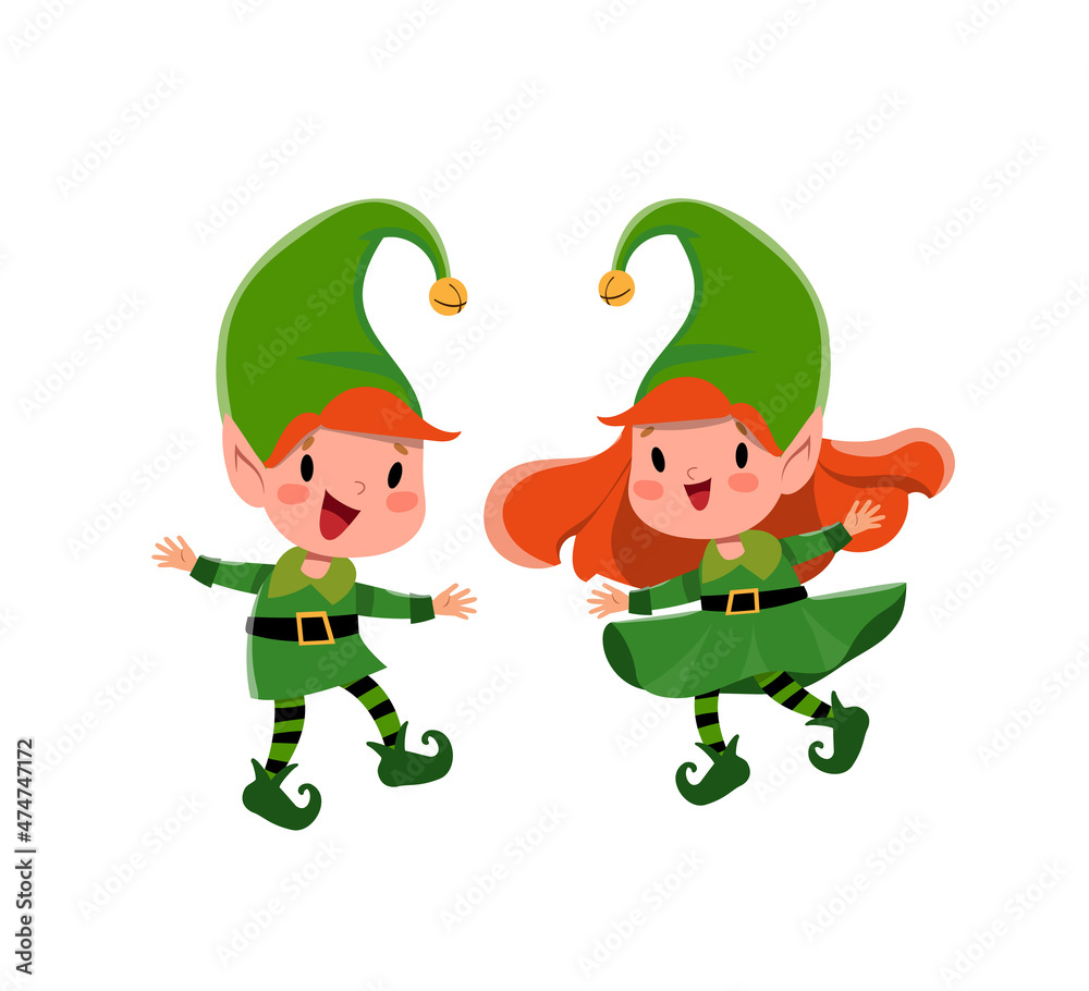 Vector cartoon boy and girl elves in green costume Stock Vector | Adobe ...