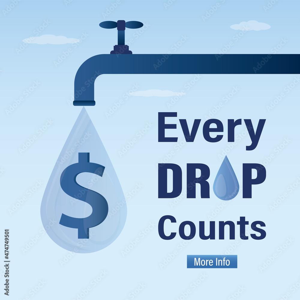 Save water, every drop counts. Pipe with water tap and giant drop ...