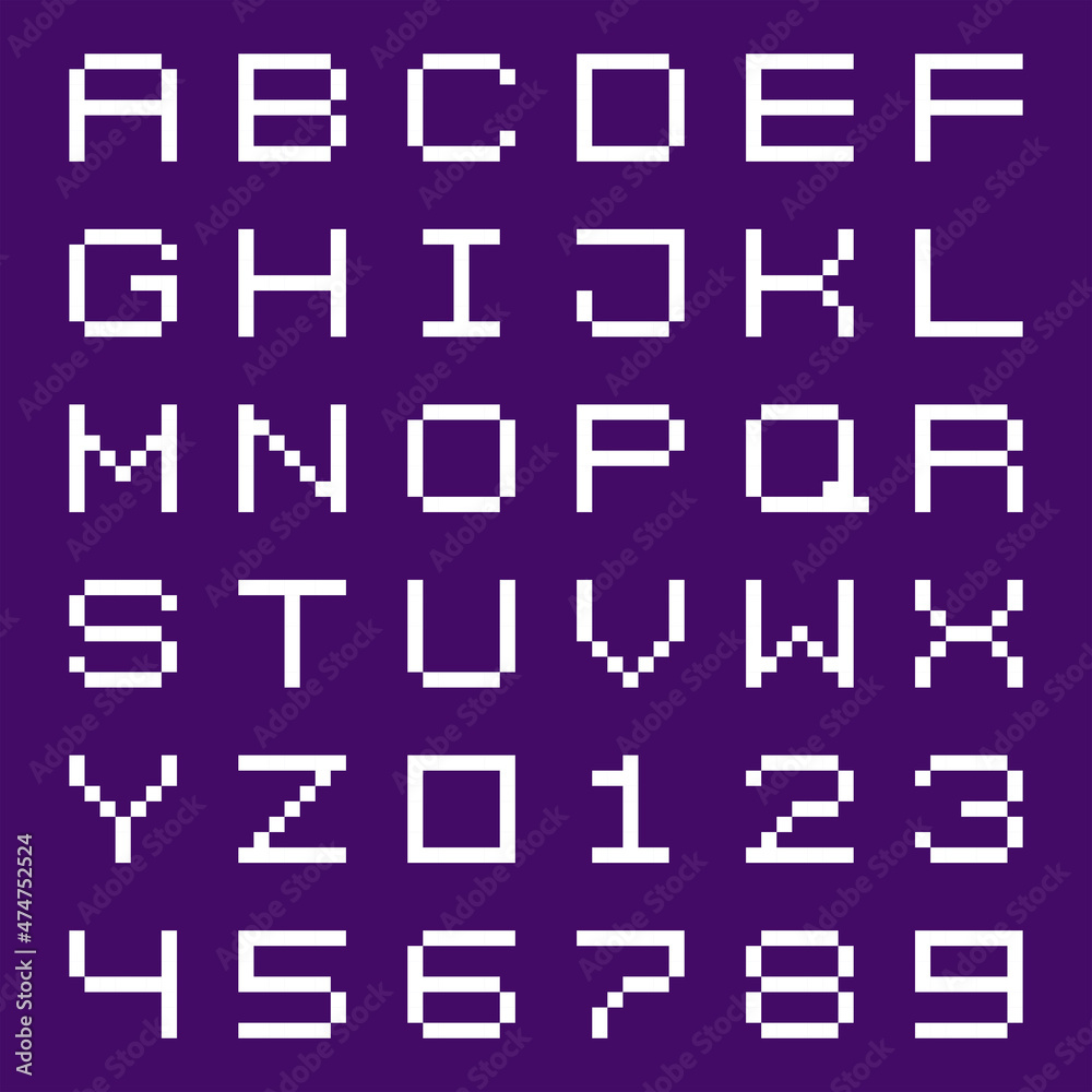 Latin alphabet letters and numbers pixel art style. Vector object ...