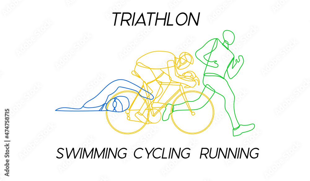 Triathlon. Linear hand drawn athletes. Competition in swimming, cycling ...