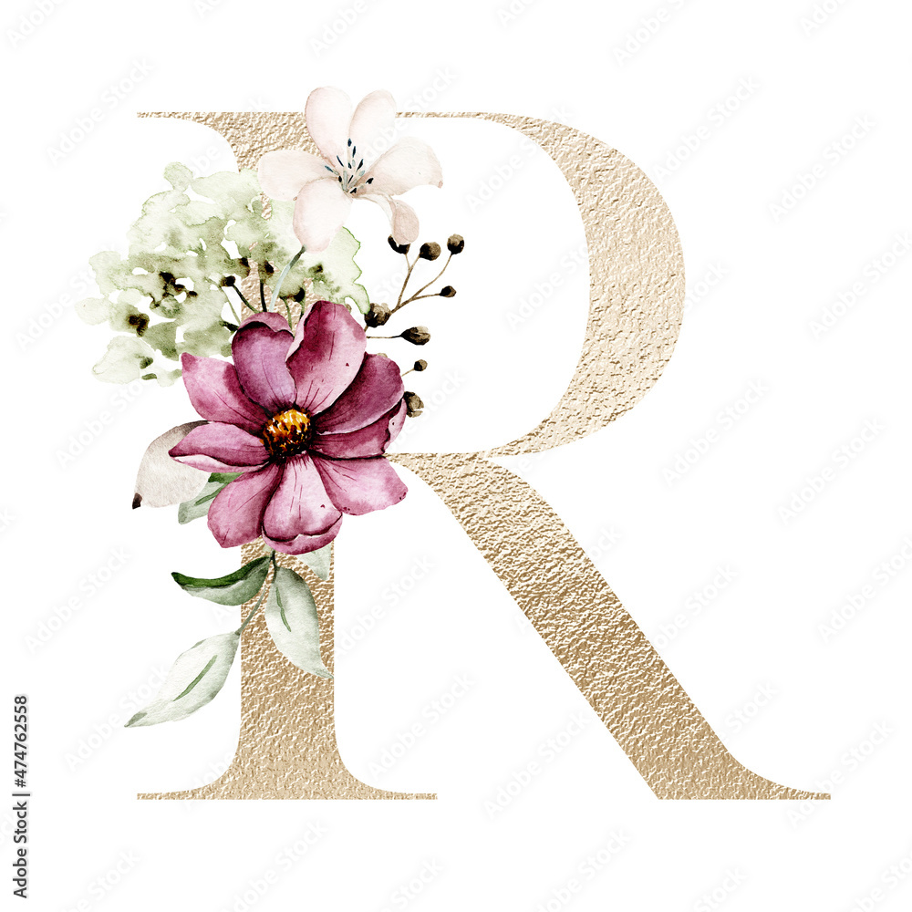 Alphabet, gold letter r with watercolor flowers and leaf. Golden ...