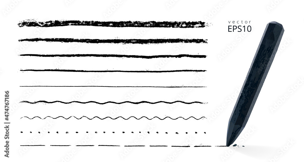 Vector set of charcoal lines. Different thickness. 3d realistic black ...