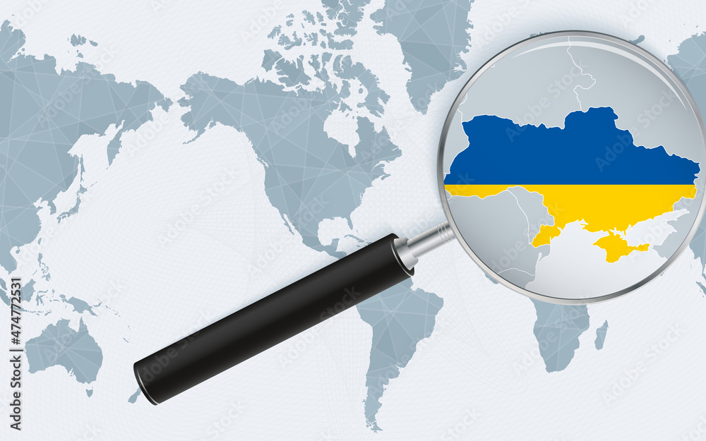 Enlarged map of Ukraine on America centered World Map. Magnified map ...