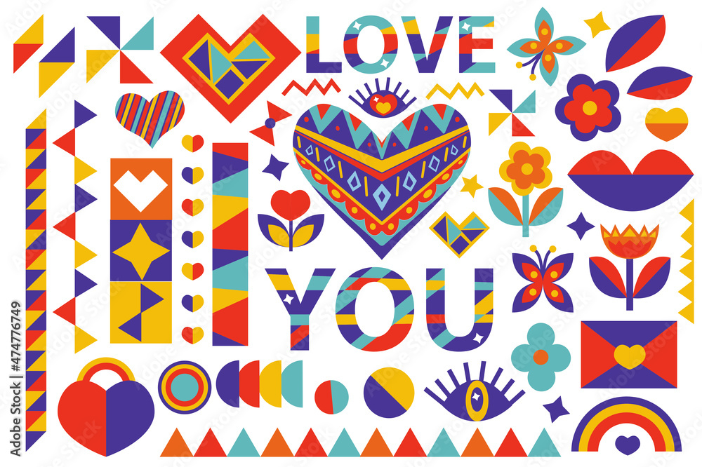 Geometric abstract Bauhaus love set. Valentine's day collection of ...