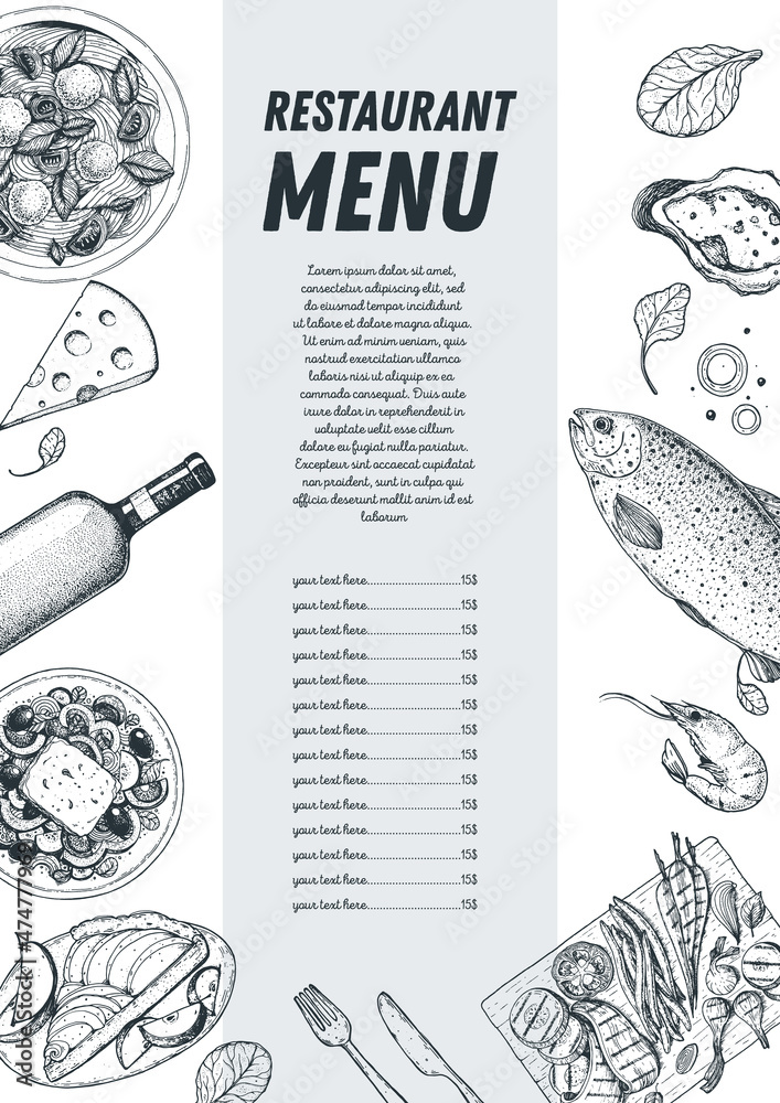 Food menu. Hand drawn sketch. Vector illustration. Restaurant menu ...