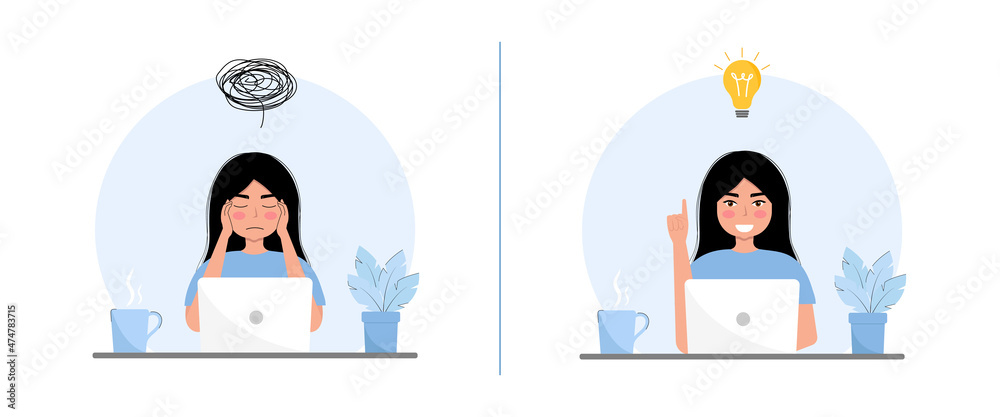 Woman thinking and finding solution vector flat Illustration. Problem ...