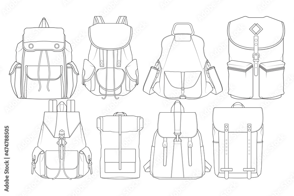 Set of backpack outline drawing vector, set of Backpack in a sketch ...
