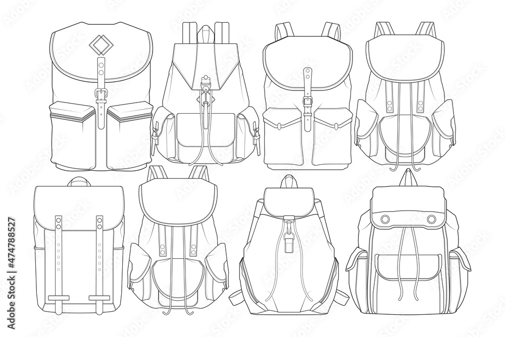 Set of backpack outline drawing vector, set of Backpack in a sketch ...