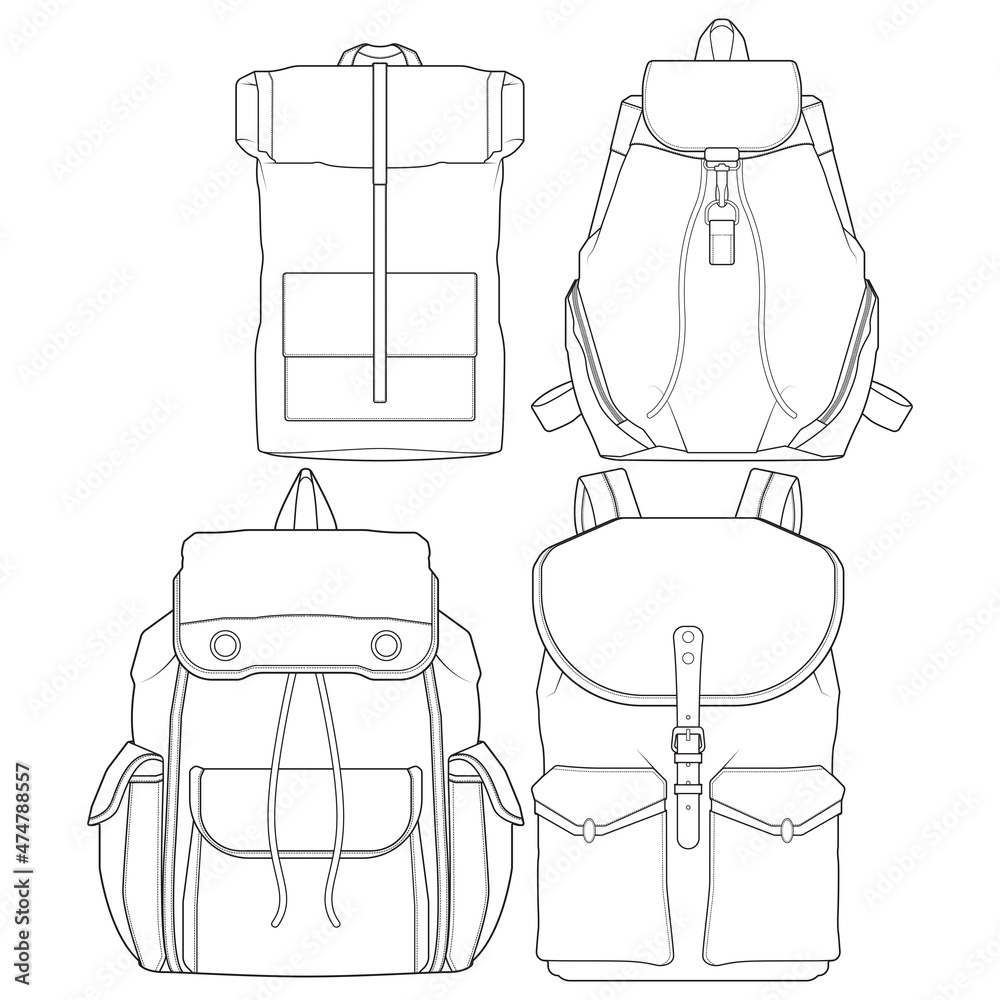 Set of backpack outline drawing vector, set of Backpack in a sketch ...