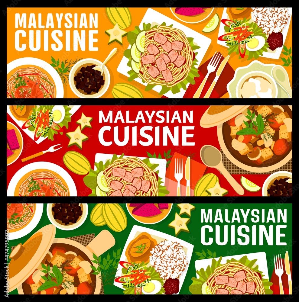 Malaysian cuisine food banners, Asian rice and Malay curry dishes ...
