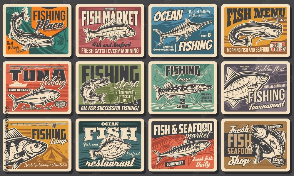 Fishing, fish catch tournament and fisher tours, vector retro posters ...