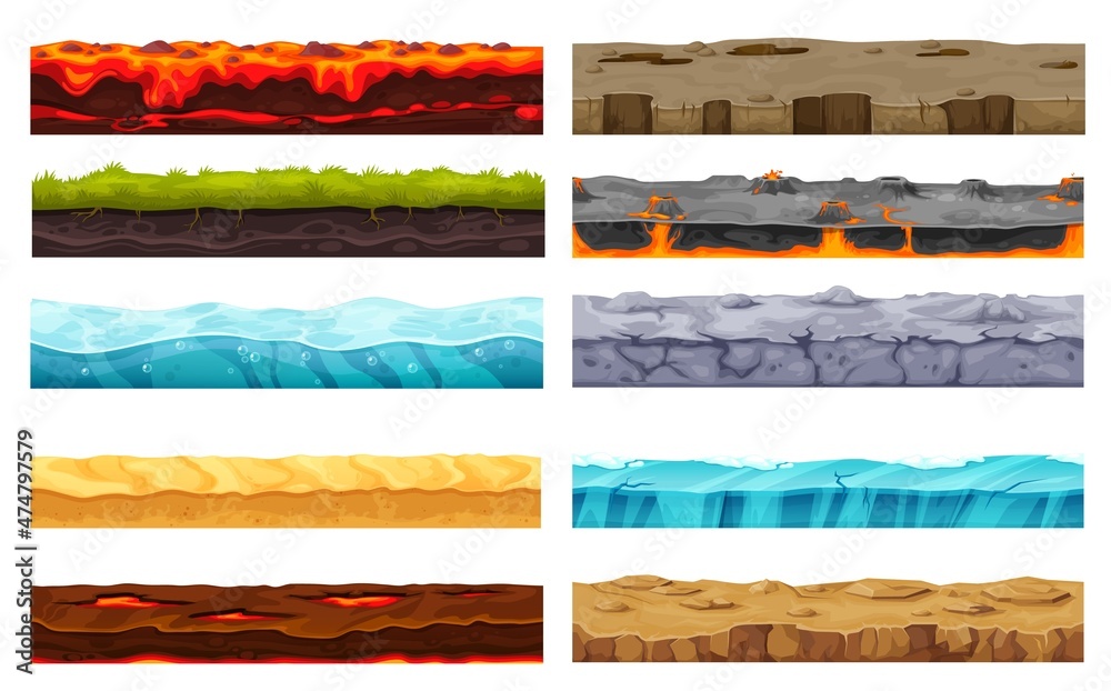 Soil ground layer, cartoon game level surface landscape. Vector grass ...