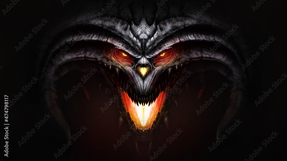 A lava demon with an open mouth, its eyes and entrails are burning, it ...