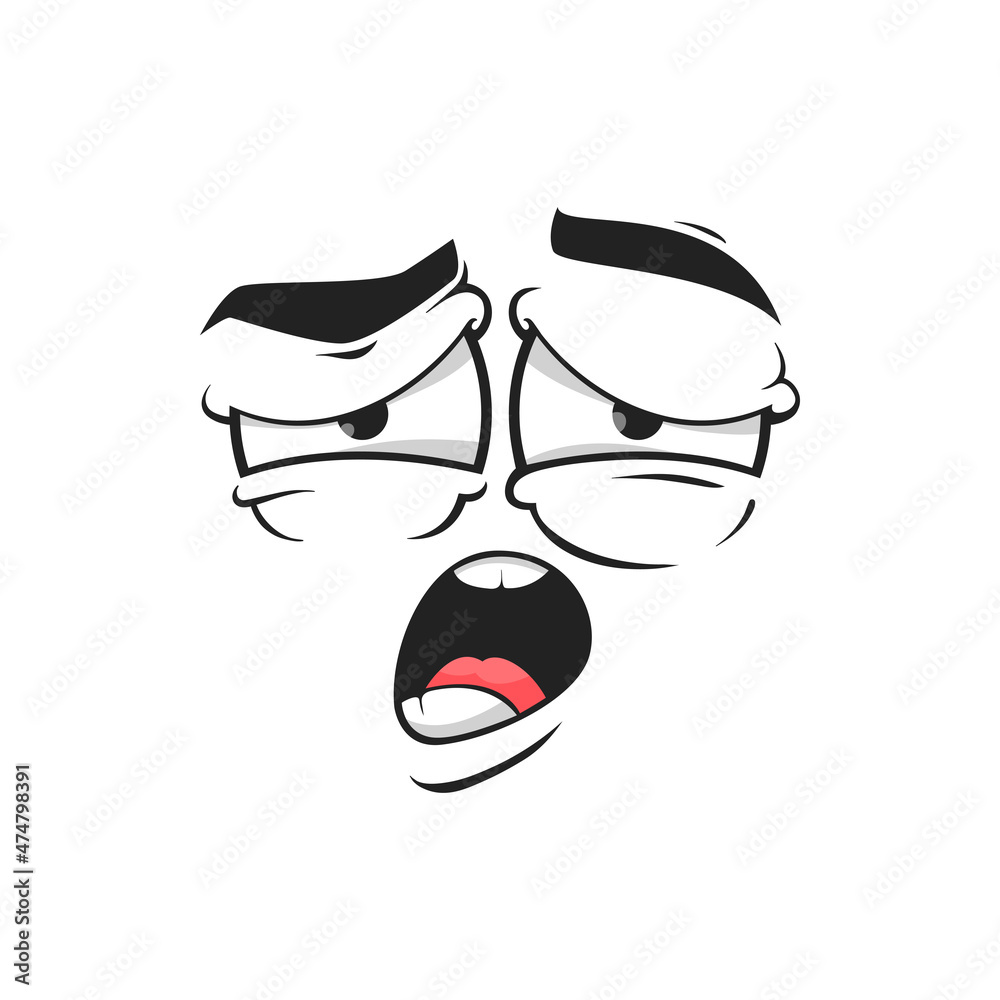 Cartoon yawning face vector tired emoji with open mouth and exhausted ...