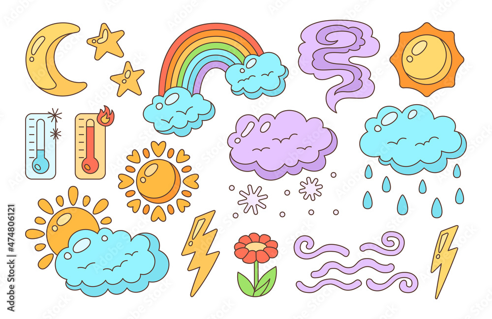 Weather doodle set. Linear hand drawn climate meteorological ...
