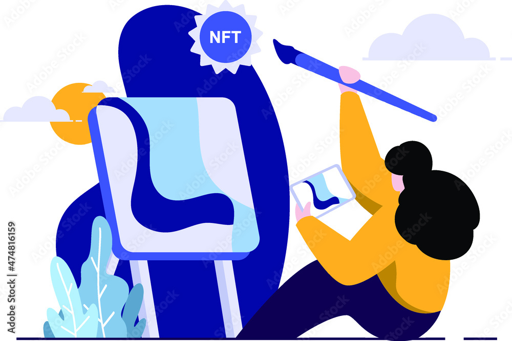 NFT Create Art flat Illustration NFT Non Fungible Token concept blue ...