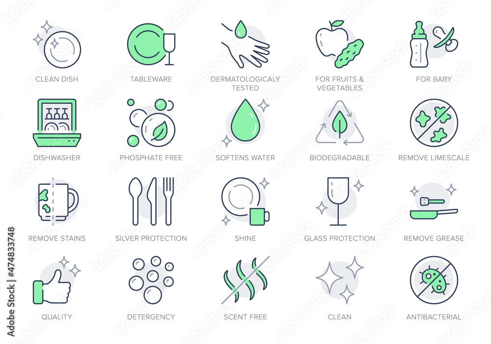 Dish wash line icons. Vector illustration include icon - disinfect ...