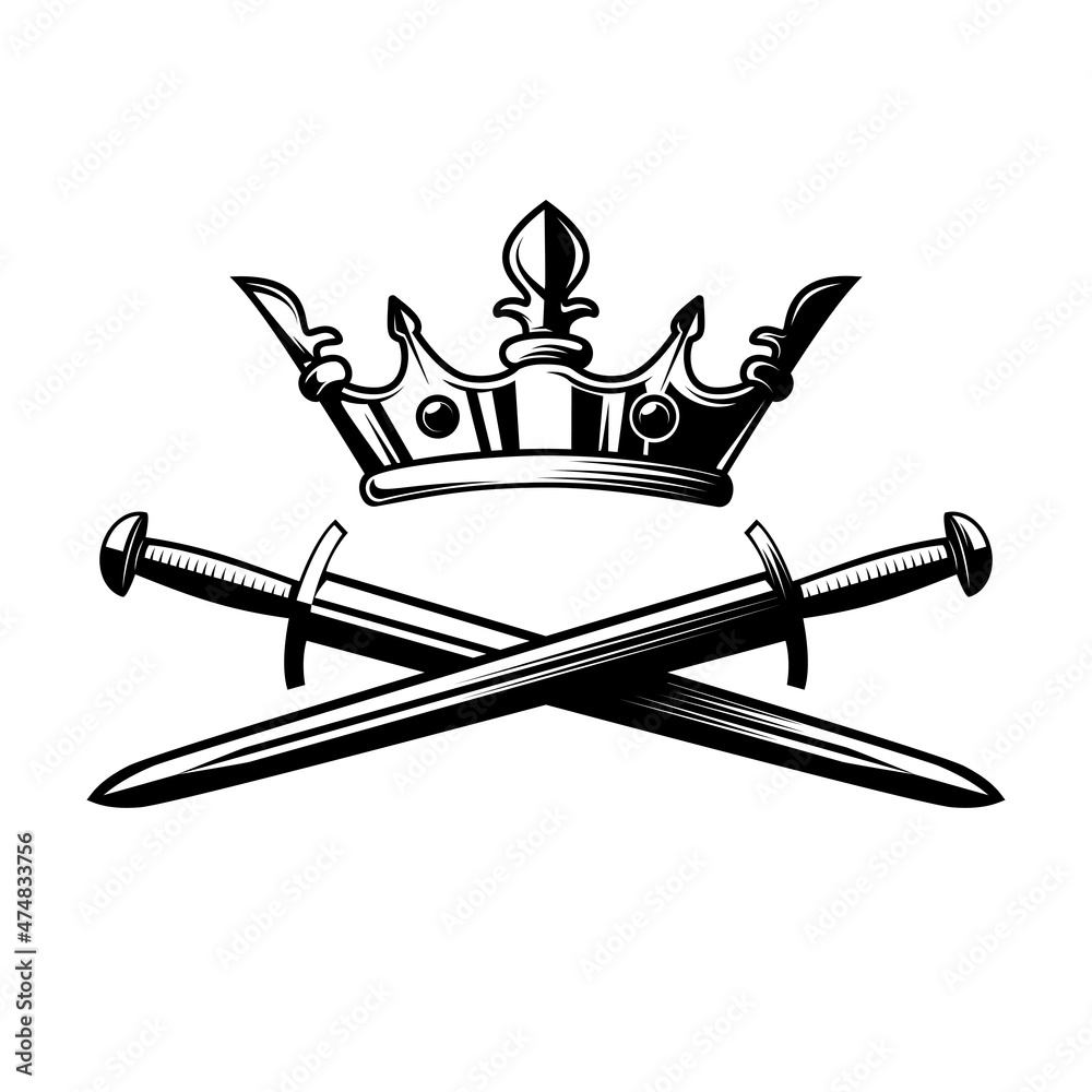 Illustration of king crown and crossed swords in monochrome style ...