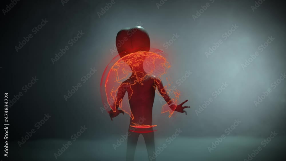 3D CGI VFX animation of classic Roswell grey alien on a featureless ...