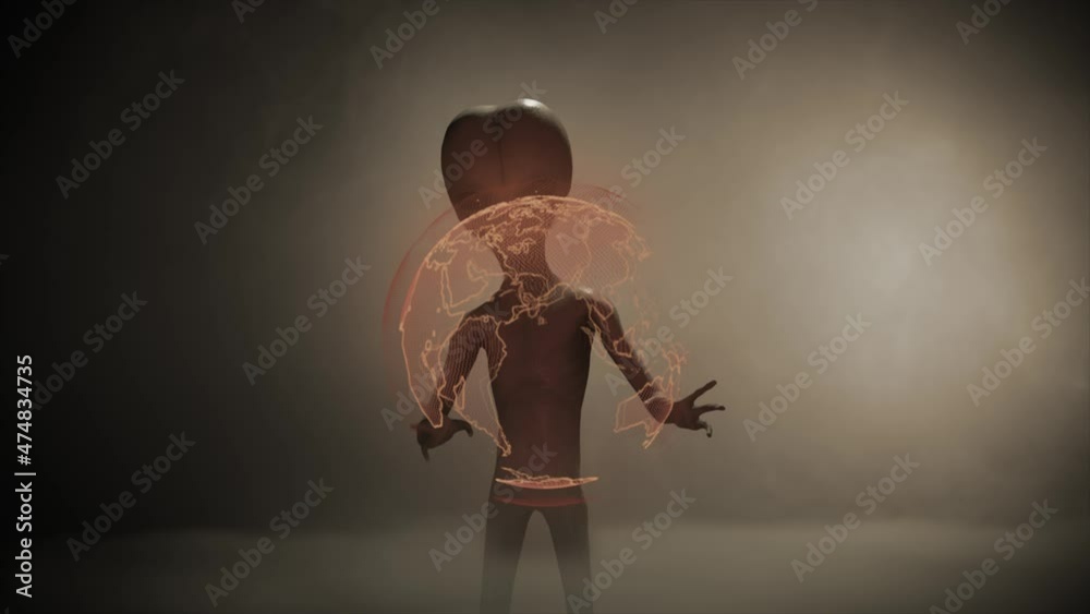 3D CGI VFX animation of classic Roswell grey alien on a featureless ...