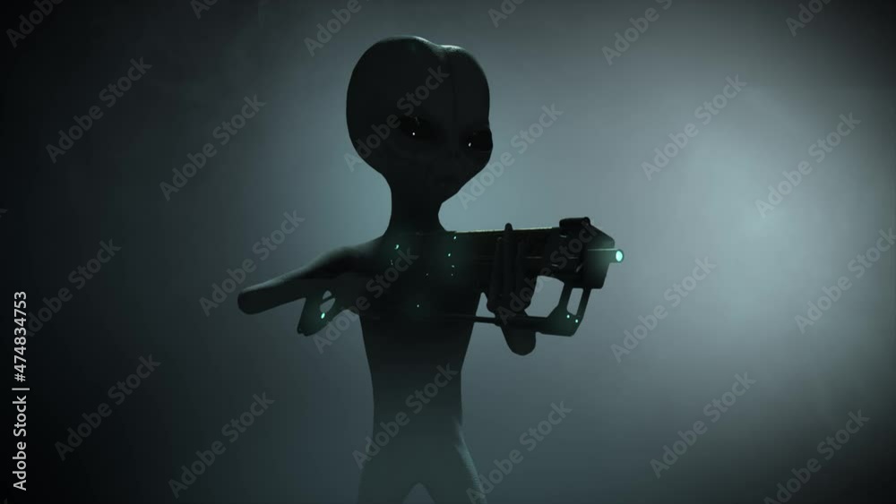 3D CGI VFX animation of a classic Roswell grey alien on a plain misty ...