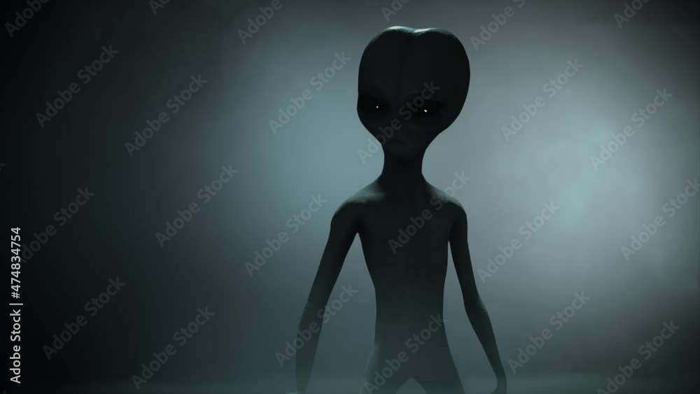 3D CGI VFX animation of classic Roswell grey alien on a featureless ...