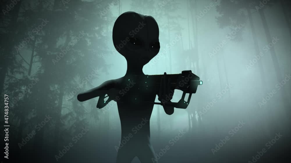 3D CGI VFX animation of a classic Roswell style grey alien in a dark ...