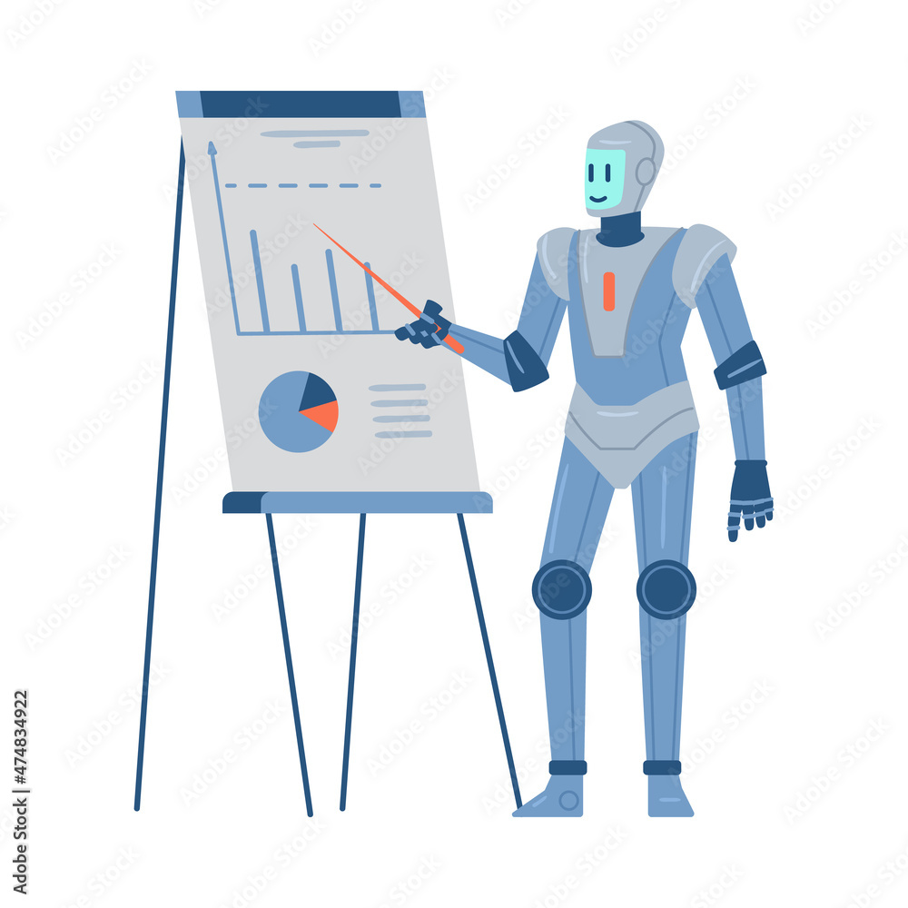 Robot makes presentation explaining graphs, flat vector illustration ...