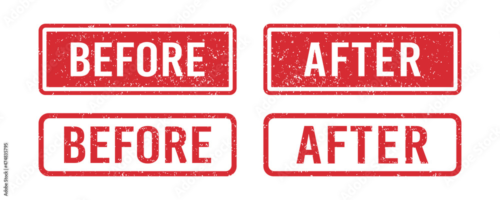 Before and after red grunge rubber stamps. Seals with words Before and ...