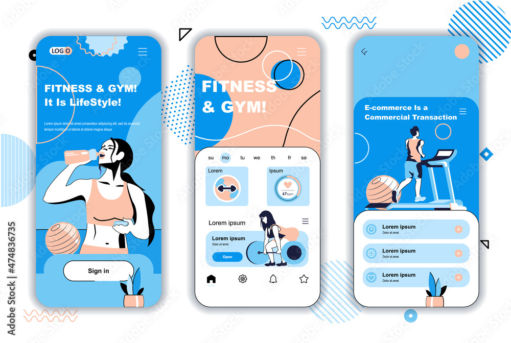 Fitness and gym concept onboarding screens for mobile app templates ...
