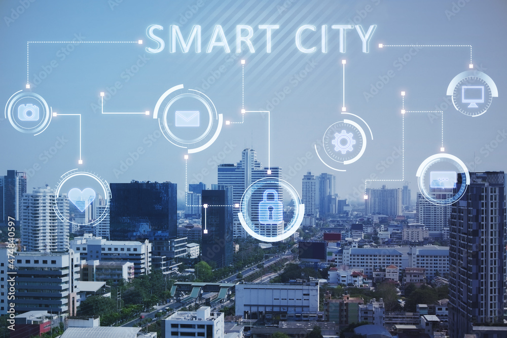 Creative glowing smart city wallpaper with interface and downtown ...