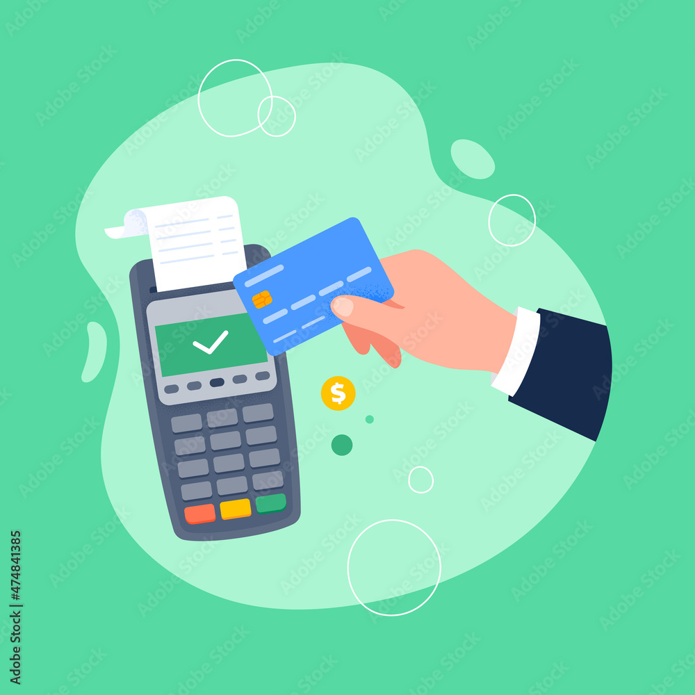 Accepting payment at POS terminal. Hand holding a smart credit or a debit card. Contactless ...